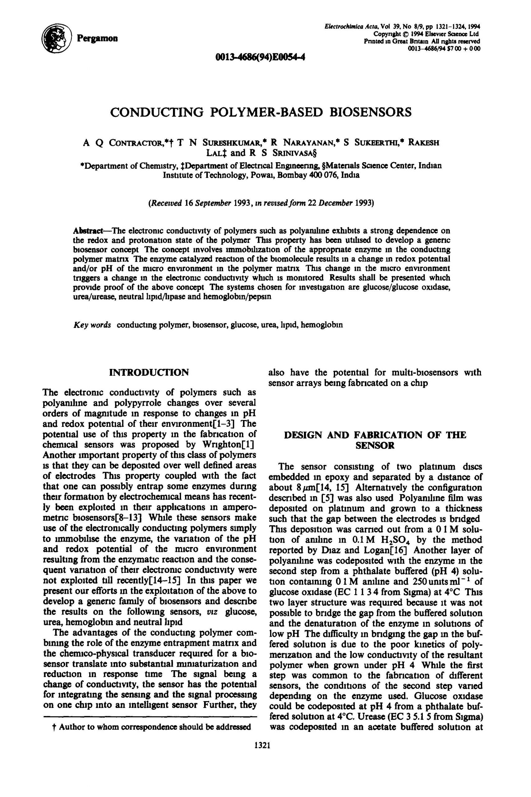 CONDUCTING POLYMER-BASED BIOSENSORS | Soa Technology | Aditya Website ...